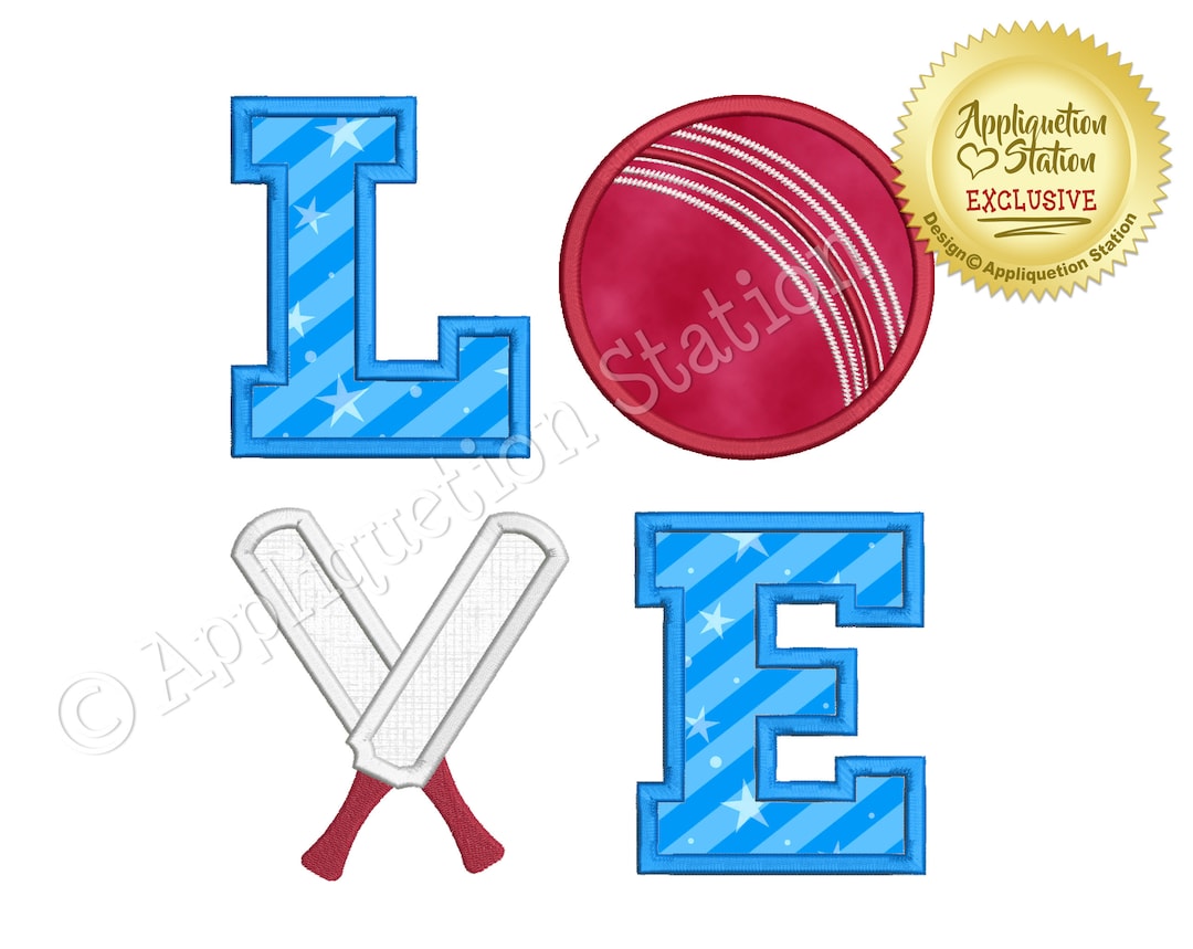 LOVE Cricket Applique Machine Embroidery Design Pattern Sports Bat Ball ...