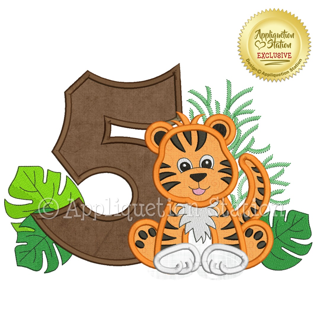 Tiger Number 5 Birthday Applique Machine Embroidery Design Jungle ...