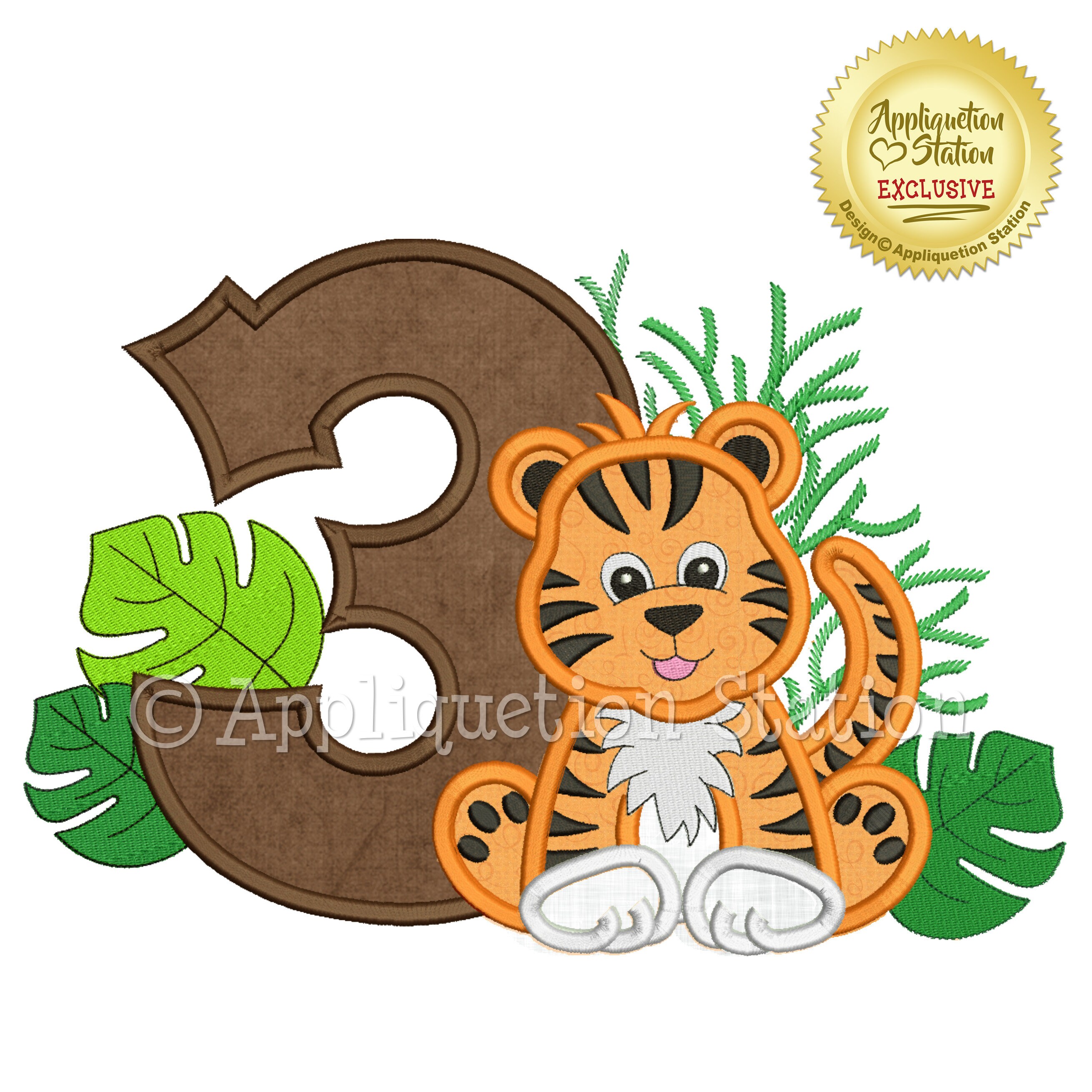 Tiger Number 3 Birthday Applique Machine Embroidery Design Jungle ...