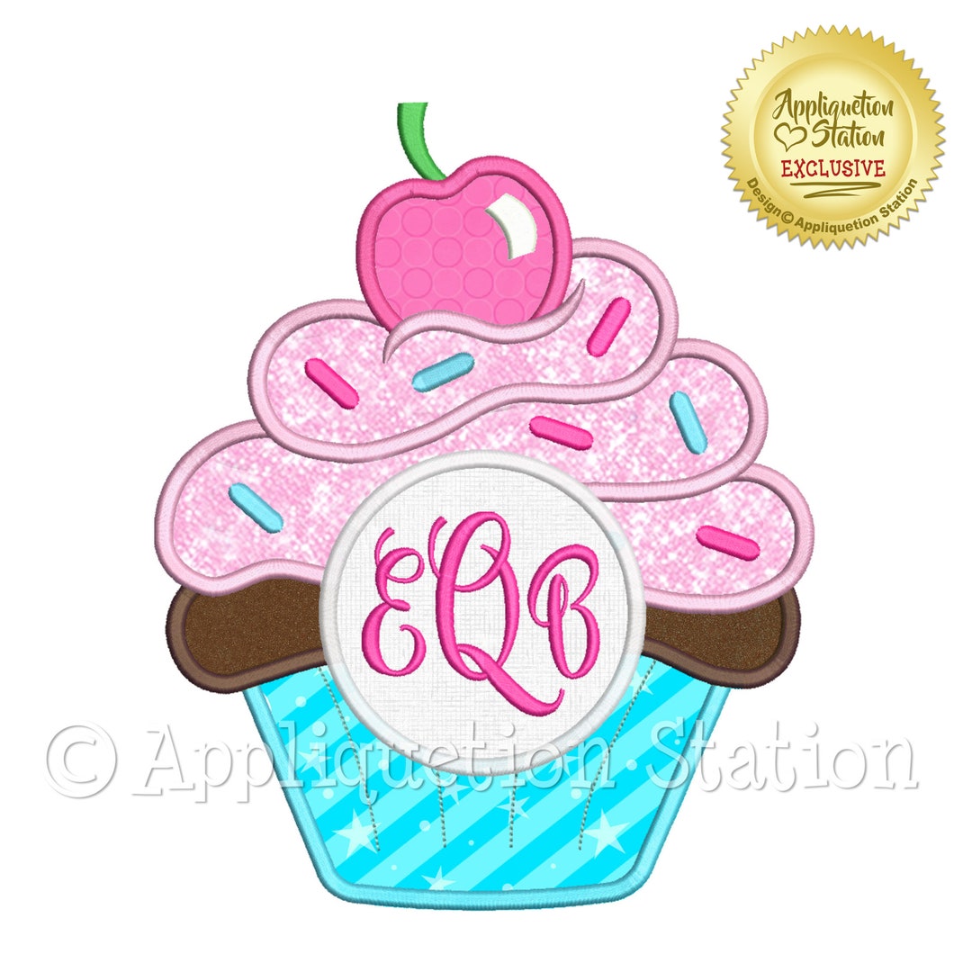 Monogram Cupcake With Cherry and Sprinkles Applique Machine Embroidery ...