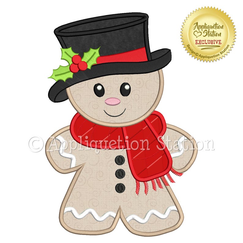 Gingerbread Man Top Hat Applique Machine Embroidery Design Winter ...