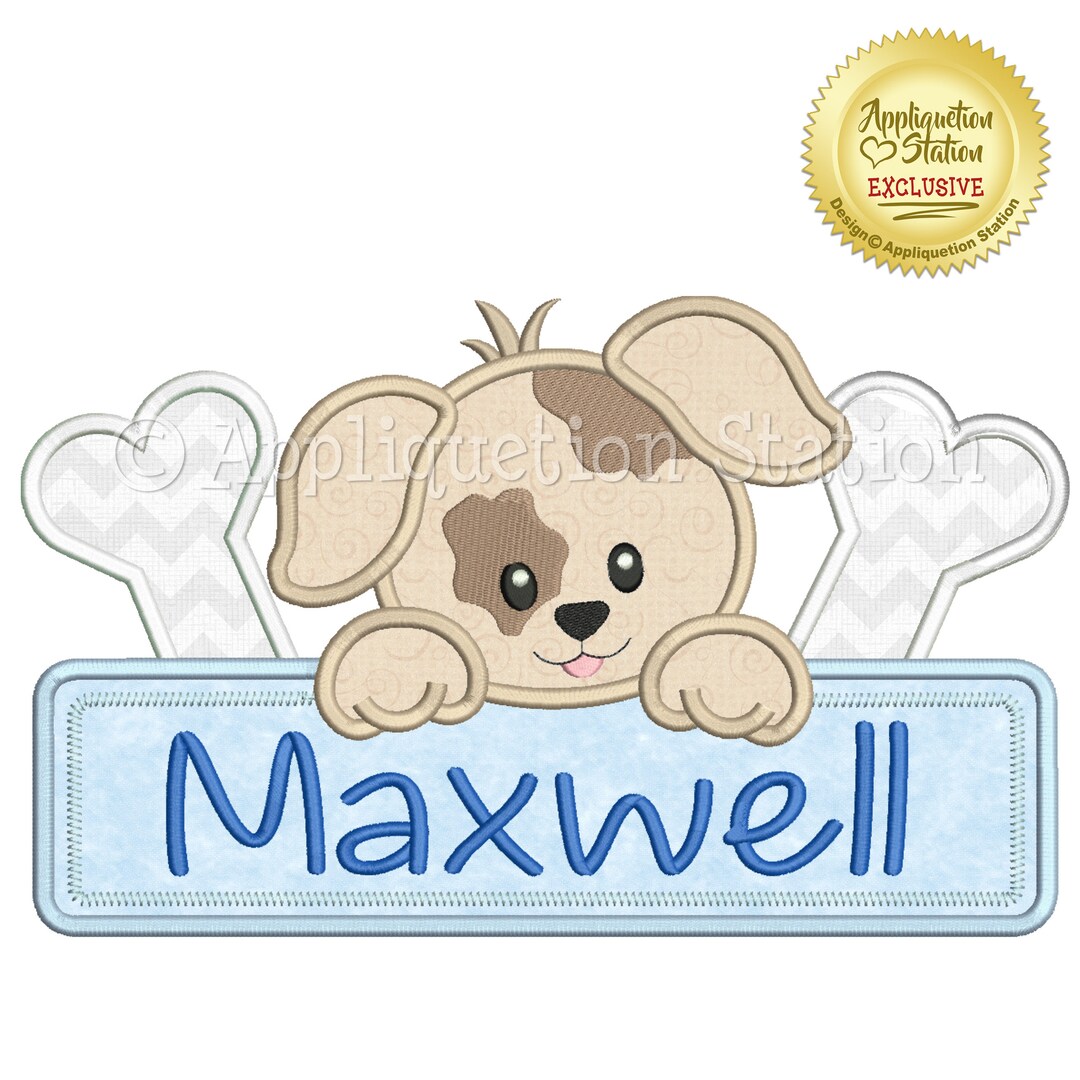 Puppy Name Plate Boy Applique Machine Embroidery Design Baby Dog Bone ...
