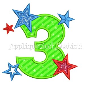 Boys Star Number 3 Birthday Applique Machine Embroidery Design Three ...