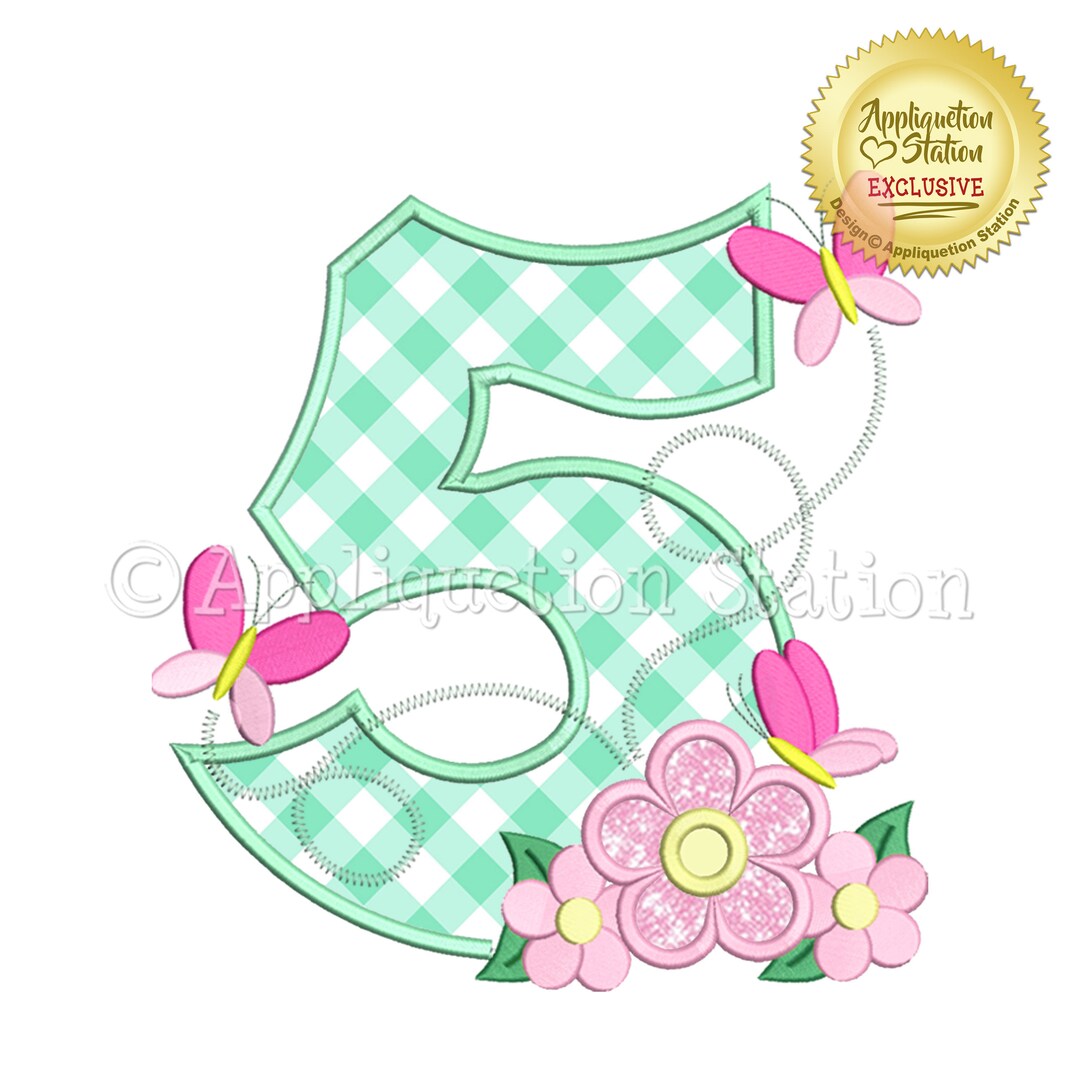 Butterfly Number 5 Applique Machine Embroidery Design Birthday Five 5th ...