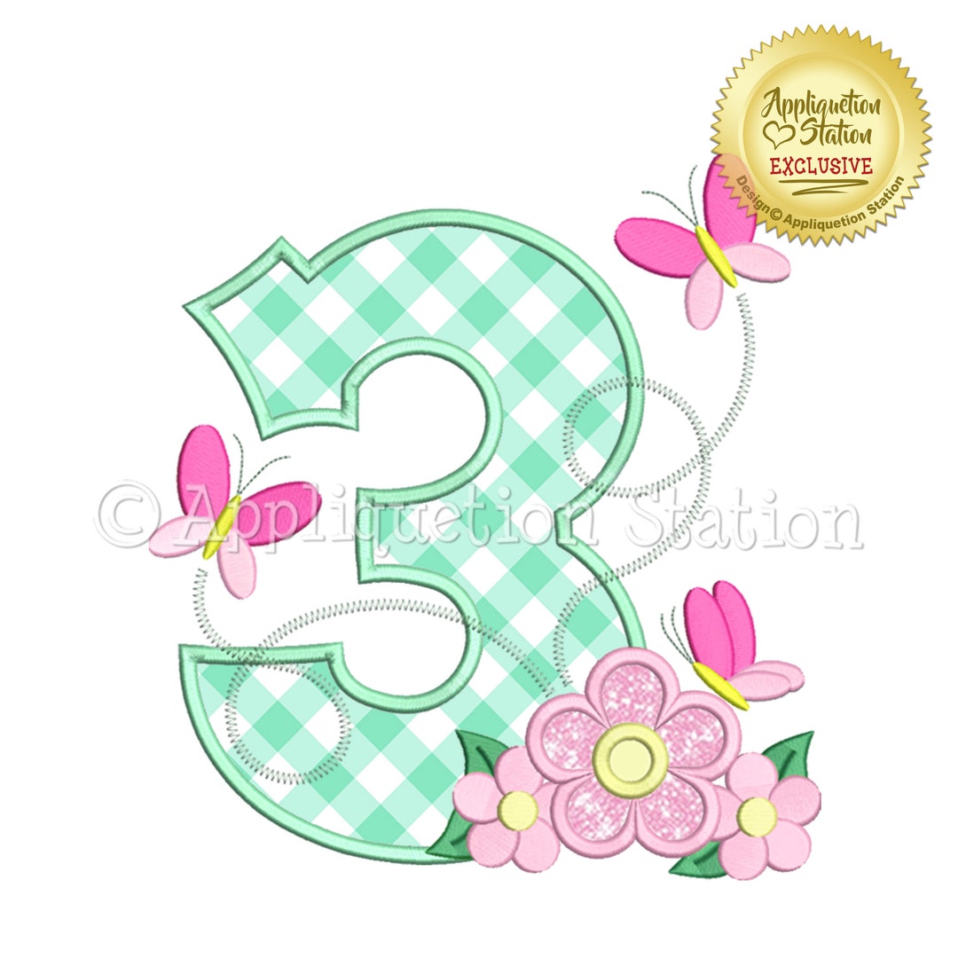 Butterfly Number 3 Applique Machine Embroidery Design Birthday Three ...