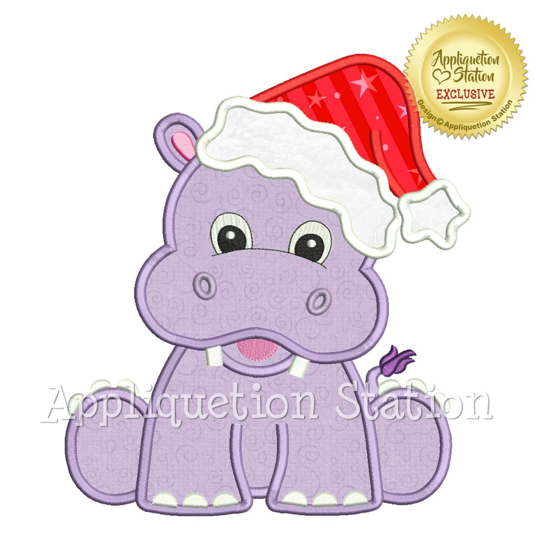 Christmas Hippo With Santa Hat Applique Machine Embroidery Designs Zoo ...