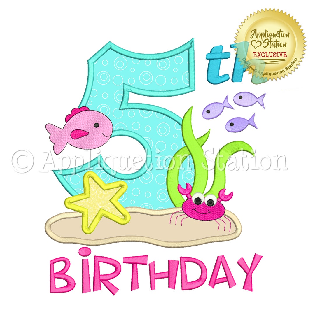 My 5th Birthday Under the Sea Number Five Applique Machine Embroidery ...