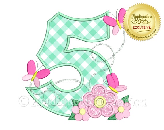 Butterfly Number 5 Applique Machine Embroidery Design Birthday | Etsy