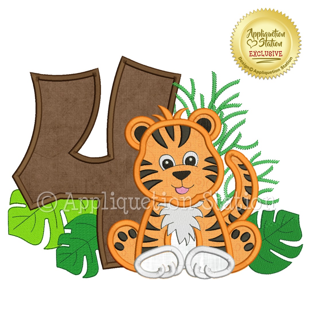 Tiger Number 4 Birthday Applique Machine Embroidery Design Jungle ...