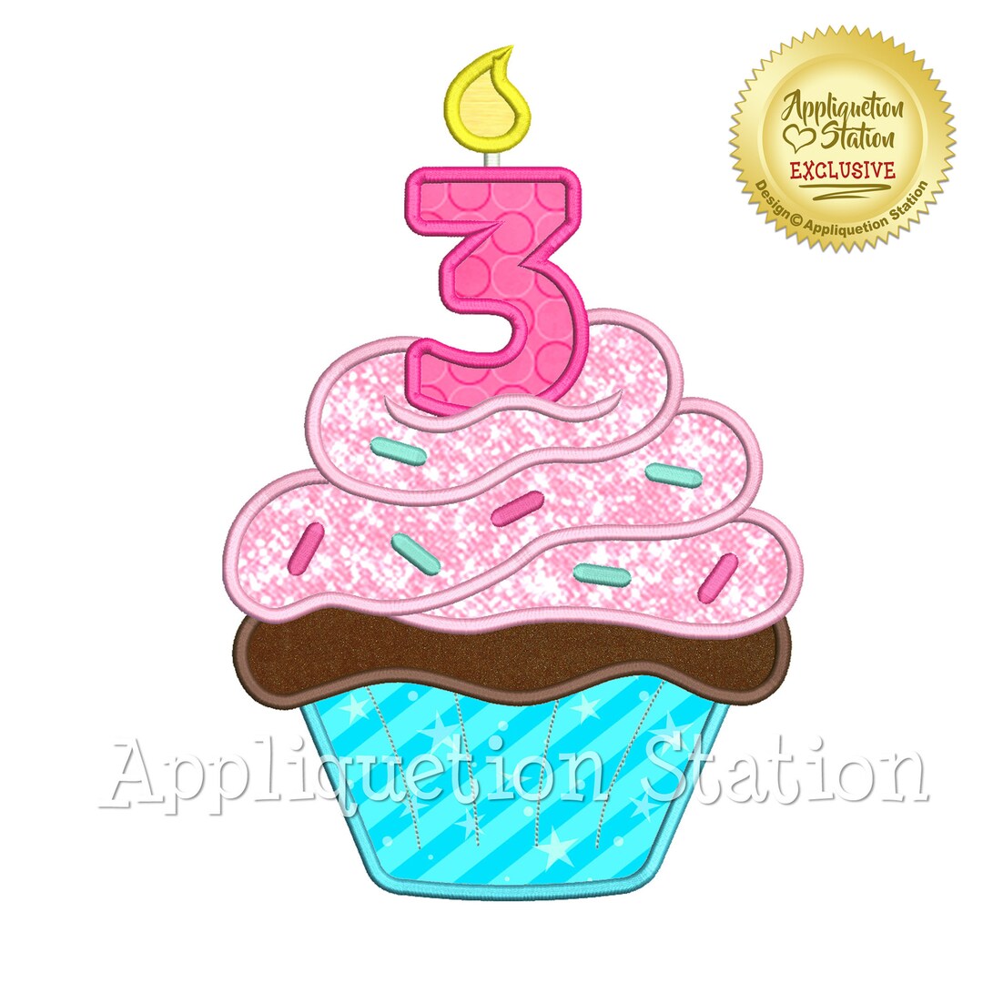 Birthday Cupcake Candle Number 3 Applique Machine Embroidery Design ...