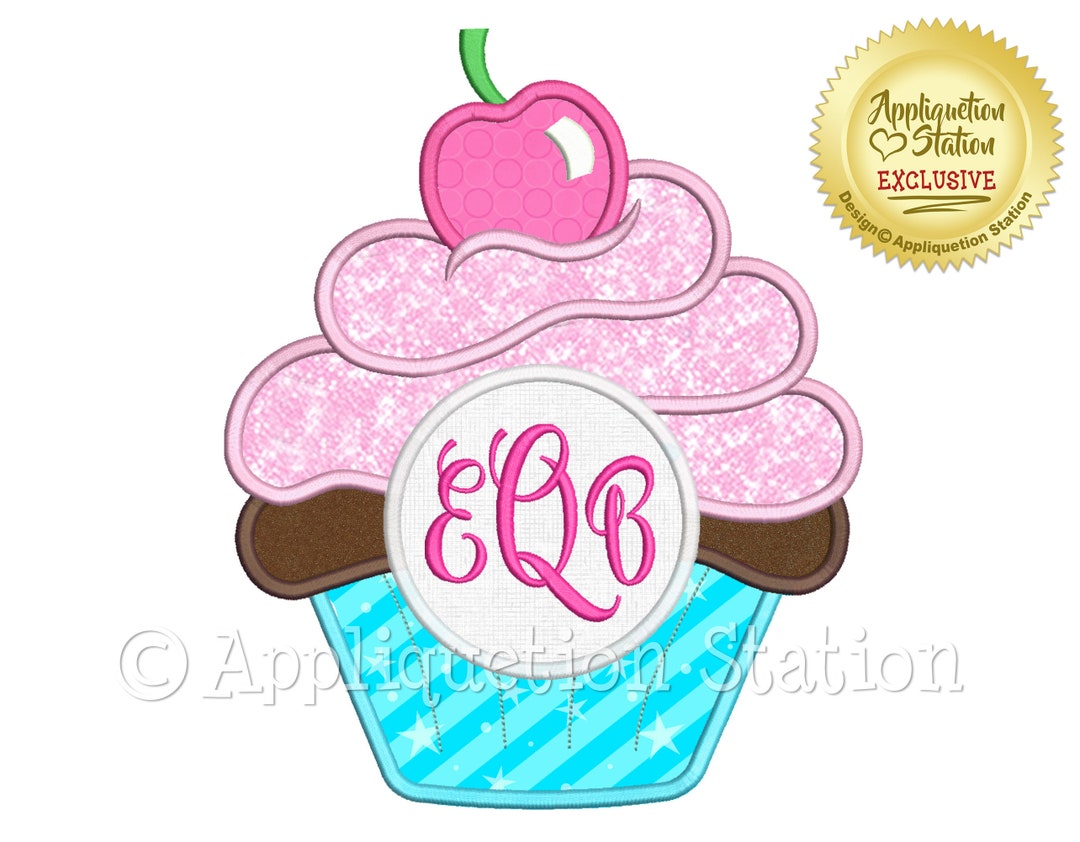 Monogram Cupcake With Cherry Applique Machine Embroidery Design Dessert ...