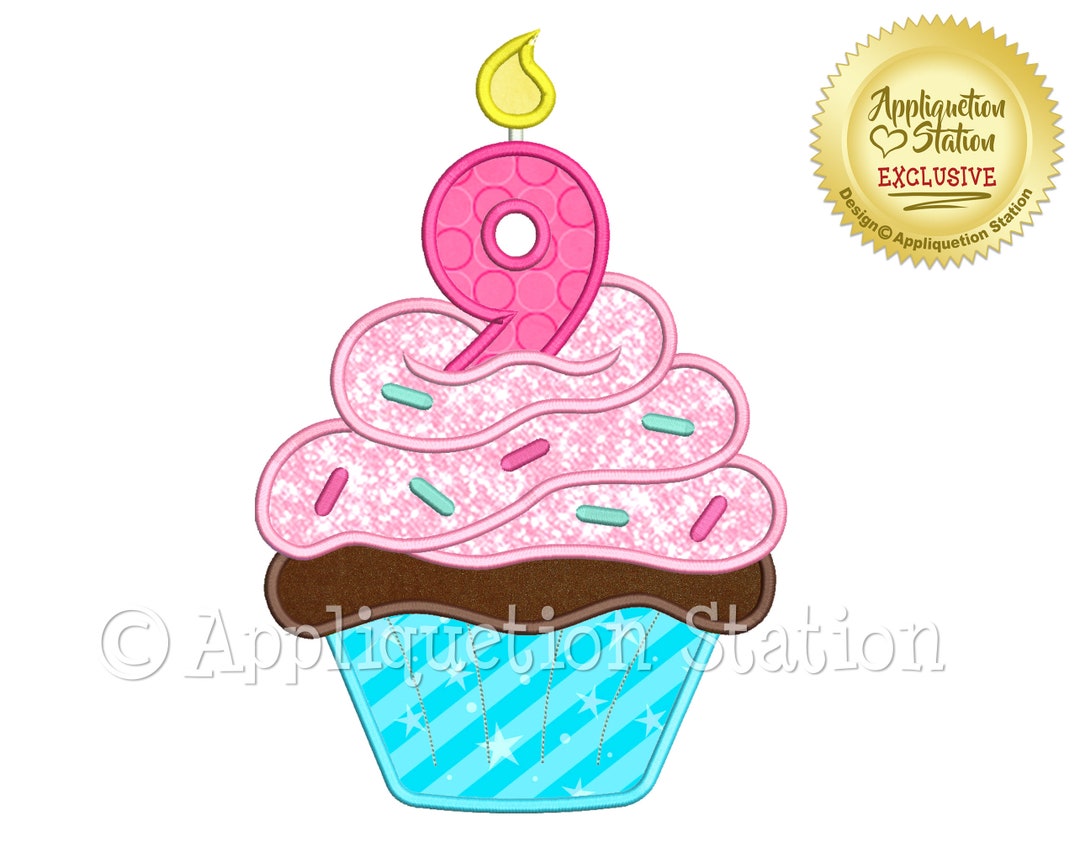 Birthday Cupcake Candle Number 9 Applique Machine Embroidery Design ...