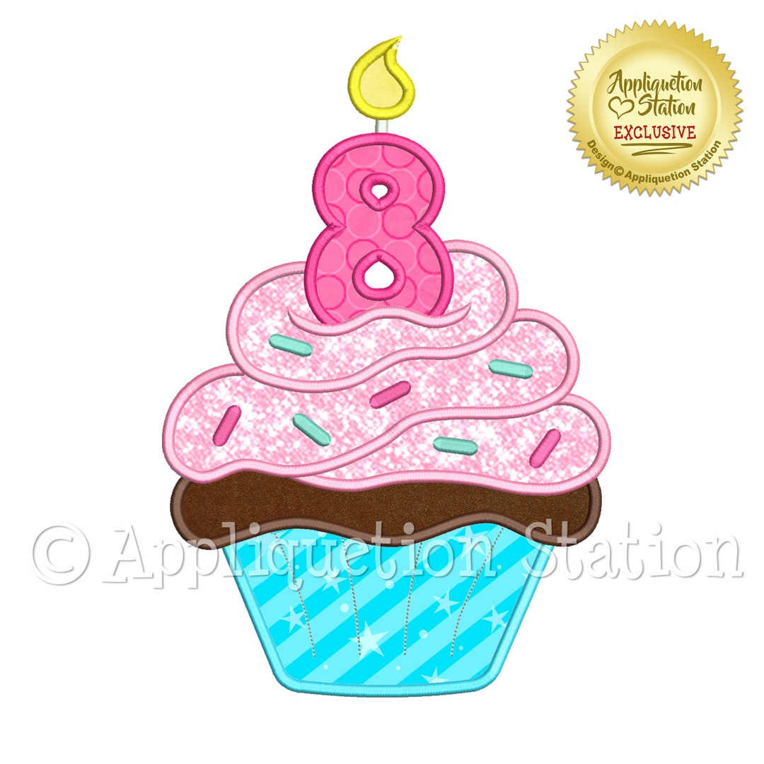 Birthday Cupcake Candle Number 8 Applique Machine Embroidery Design ...