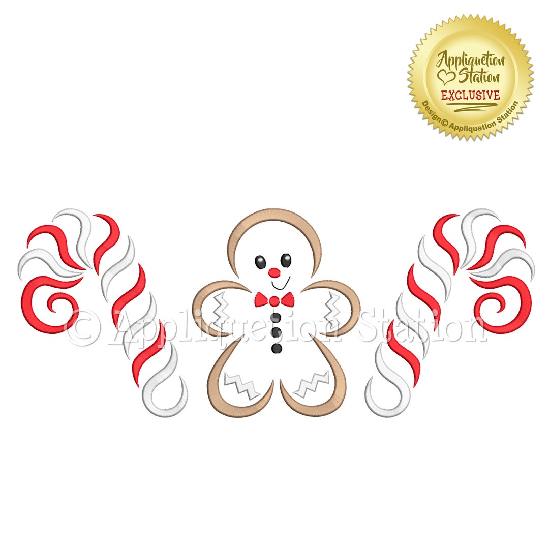 Swirly Candy Cane Gingerbread Man Line Art Machine Embroidery Design ...