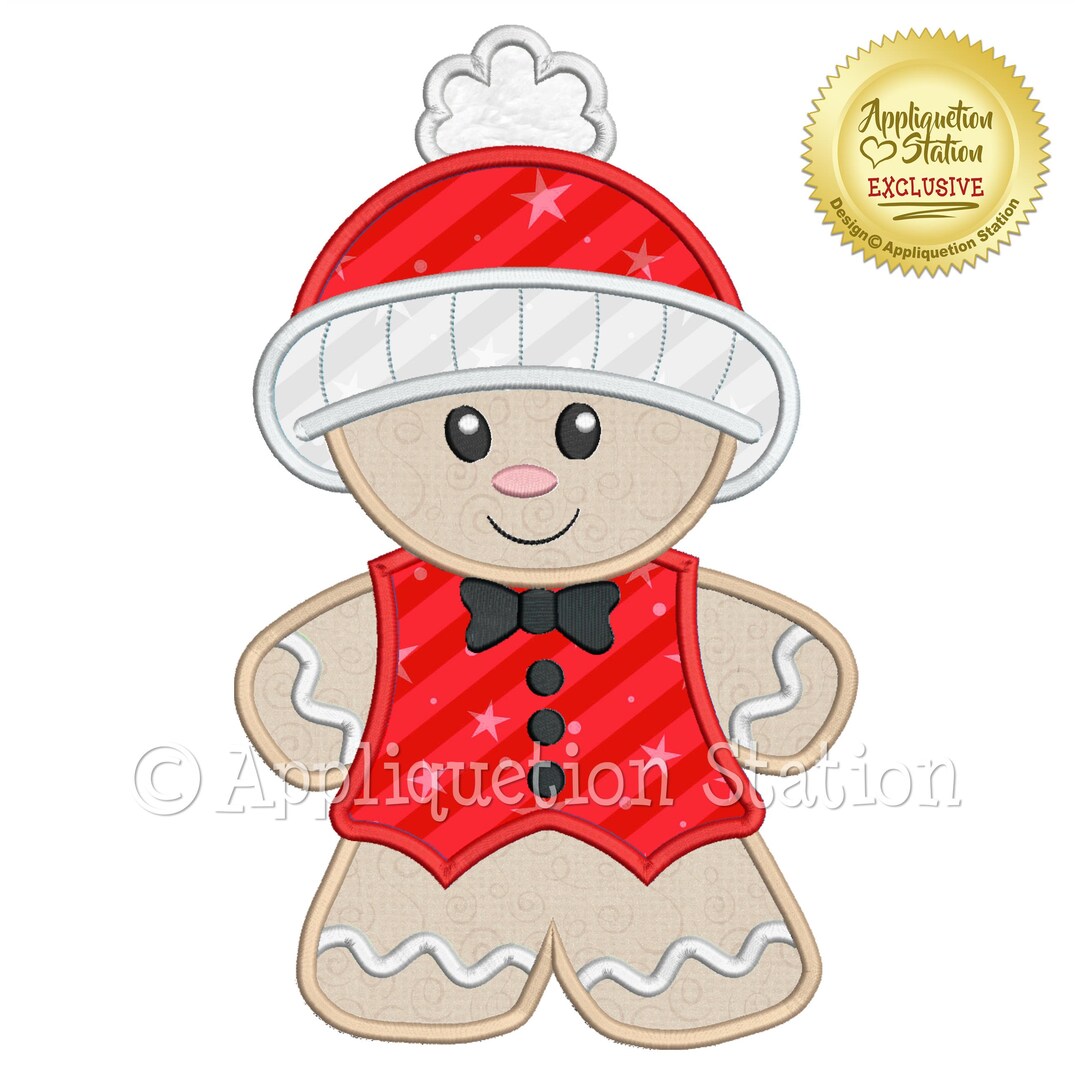 Gingerbread Man With Vest Christmas Applique Machine Embroidery Design ...