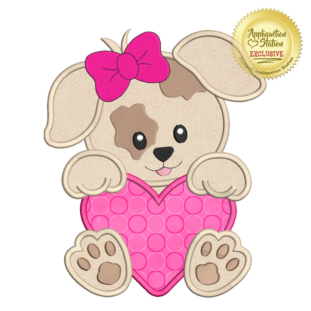 Puppy Hugging Heart Applique Machine Embroidery Design Valentine Girl ...