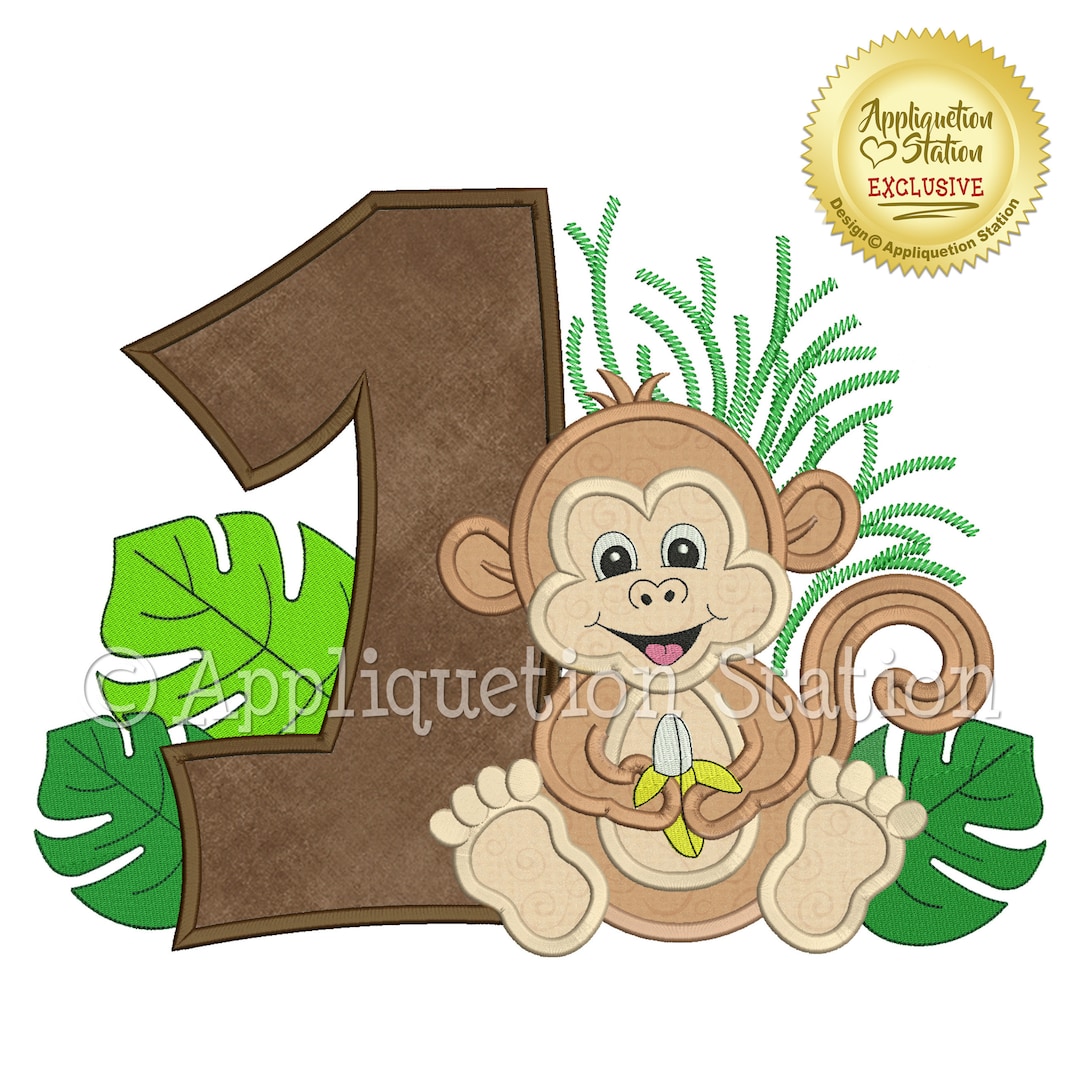 Monkey Number 1 Birthday Applique Machine Embroidery Design Jungle ...