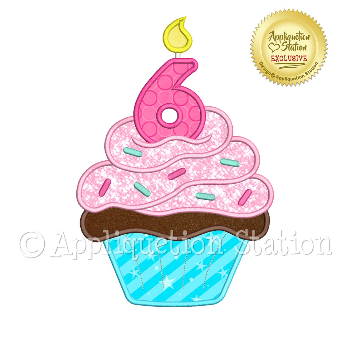 Birthday Cupcake Candle Number 6 Applique Machine Embroidery Design ...