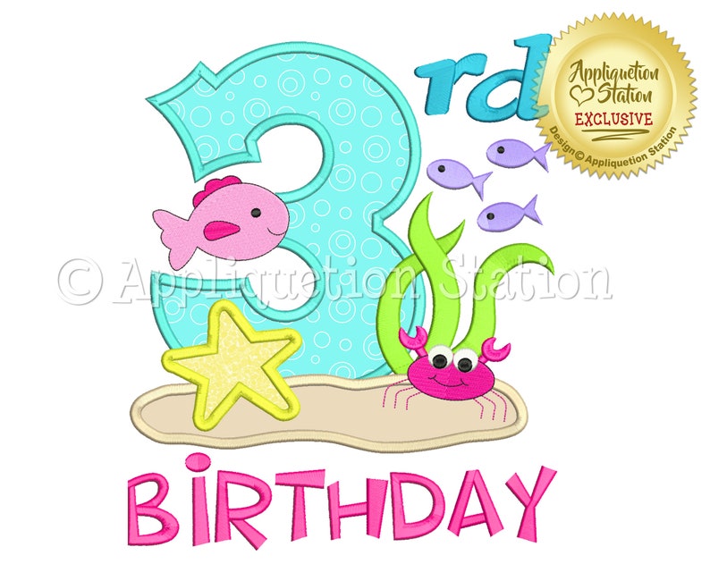 My 3rd Birthday Under the Sea Number Three Applique Machine - Etsy