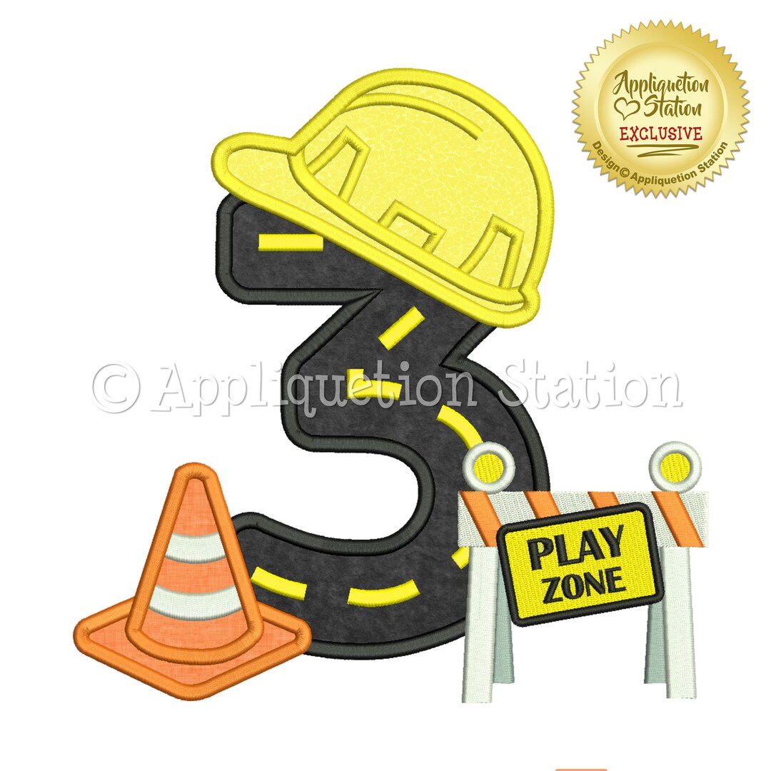 Construction Road Number 3 Birthday Applique Machine Embroidery Design ...