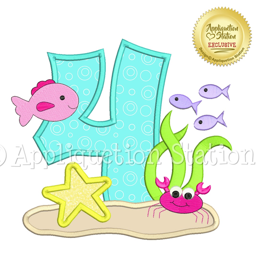 4 Birthday Under the Sea Number Four Applique Machine Embroidery Design ...