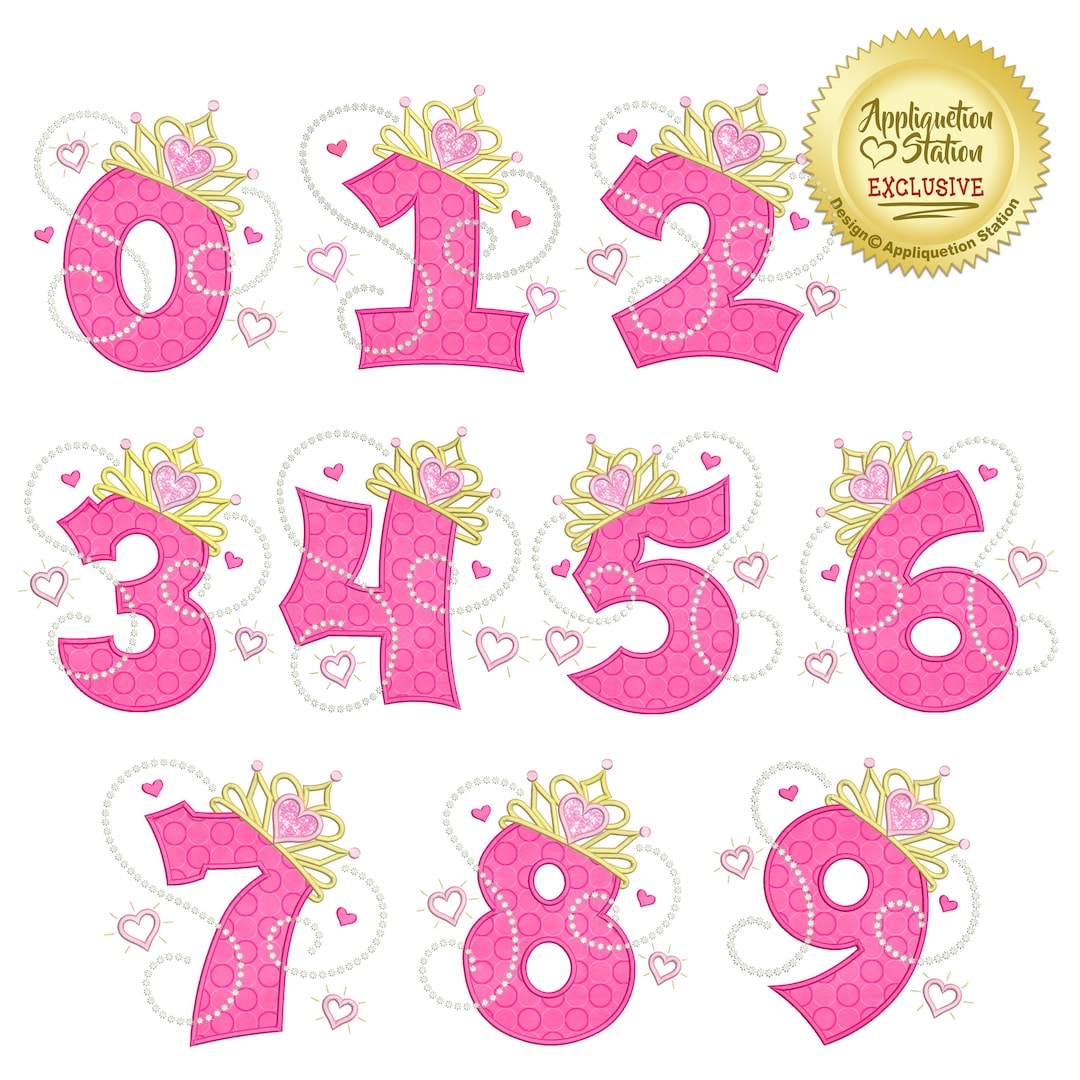 BX Princess Tiara + Pearls Numbers Set 0-9 Applique Machine Embroidery ...
