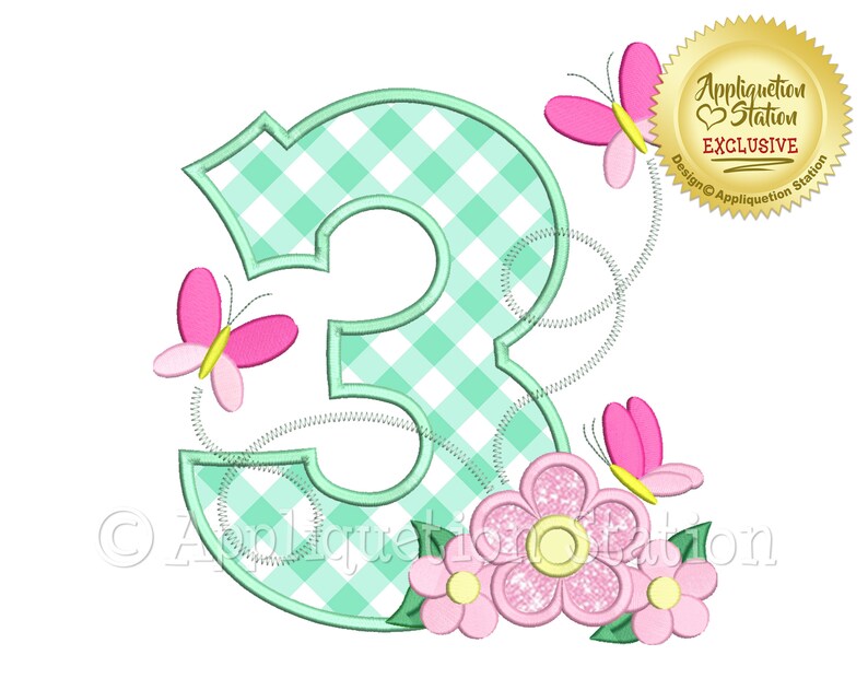 Butterfly Number 3 Applique Machine Embroidery Design Birthday | Etsy