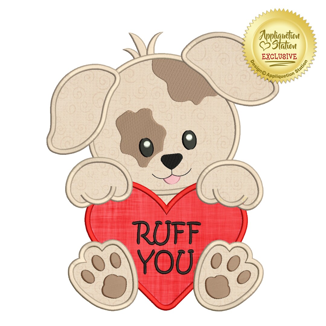 Puppy Hugging Heart Applique Machine Embroidery Design Valentine Ruff ...