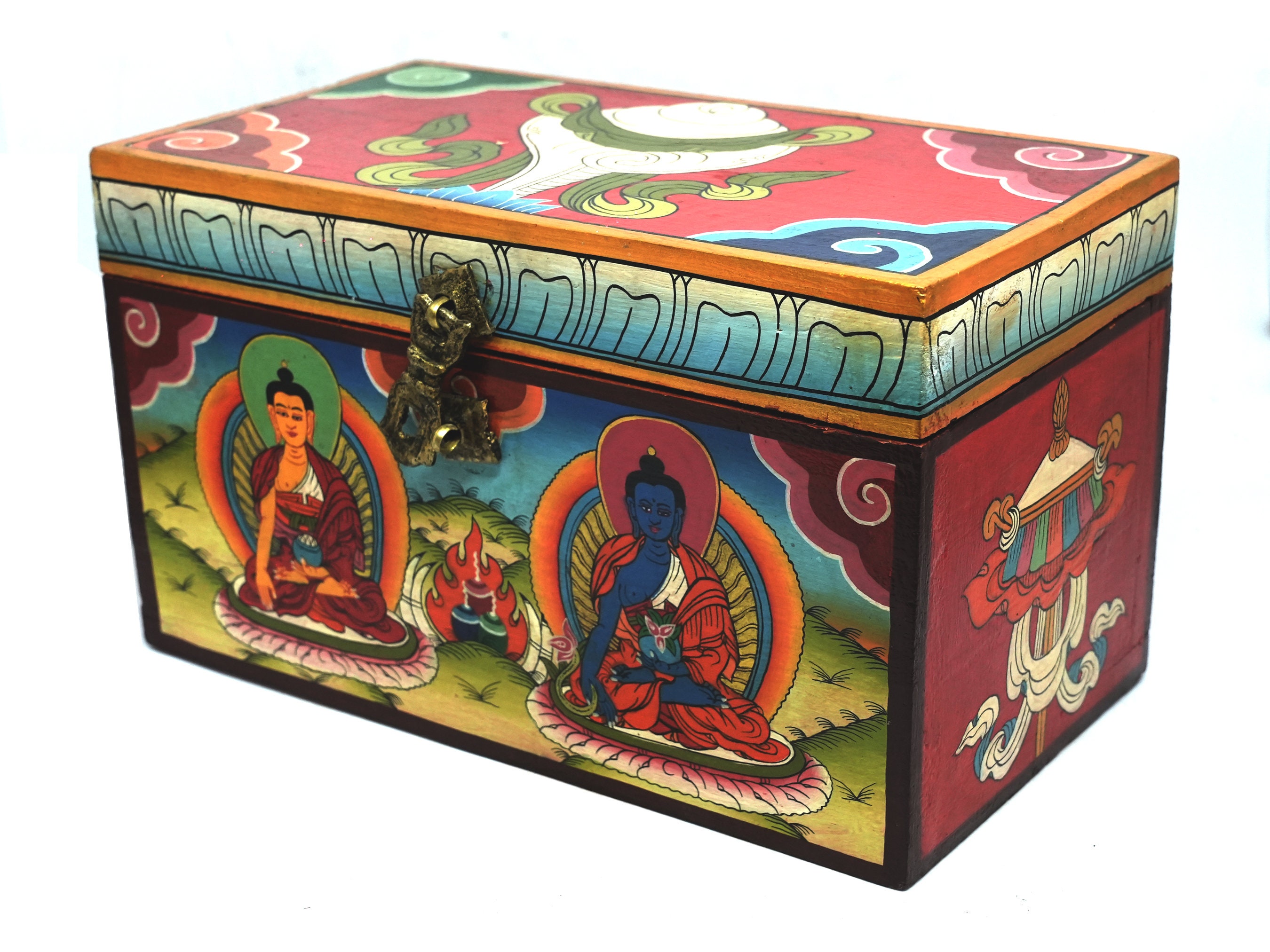 Large Traditional Tibetan Hand-painted Wooden Jewelry Box With Buddha ...