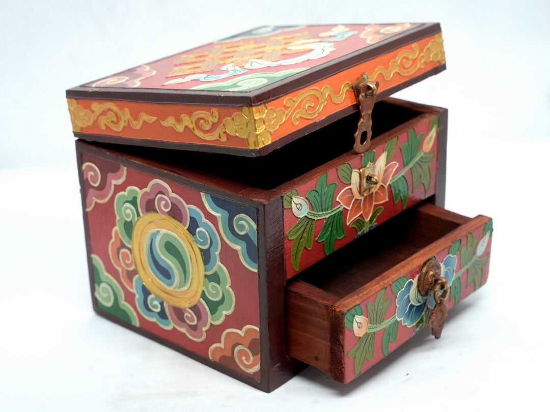 Handmade Tibetan Wooden Jewelry Box: Lotus & Endless Knot Design Hand ...