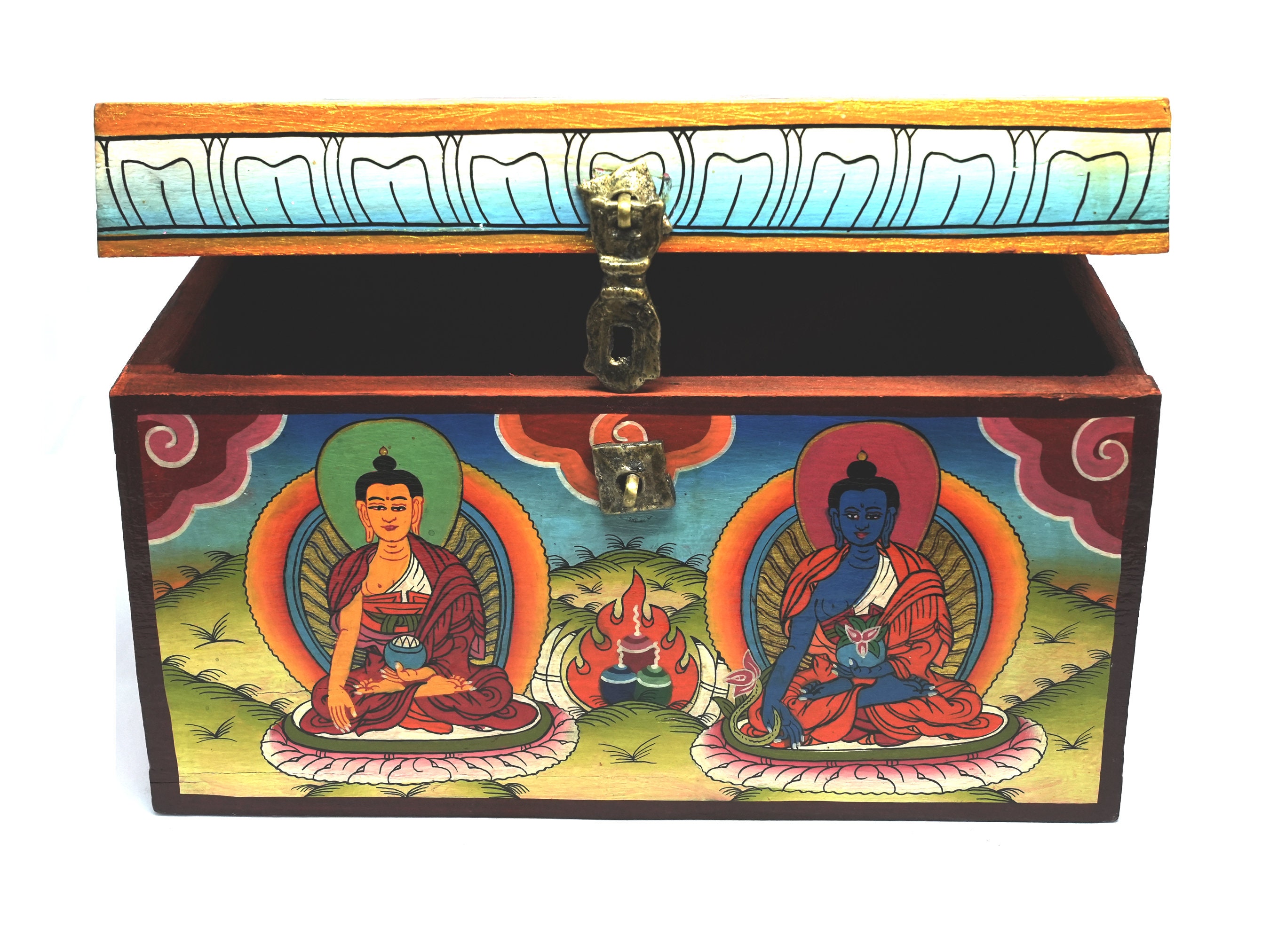 Large Traditional Tibetan Hand-painted Wooden Jewelry Box With Buddha ...