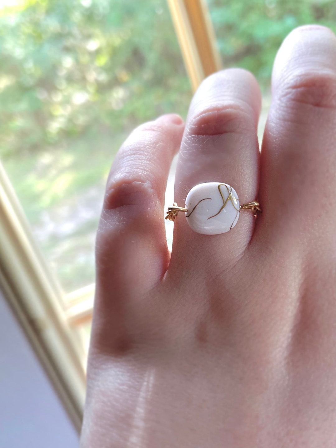 Gold Chain Ring, Kintsugi-inspired Ring, White Gold Beaded Ring, You ...