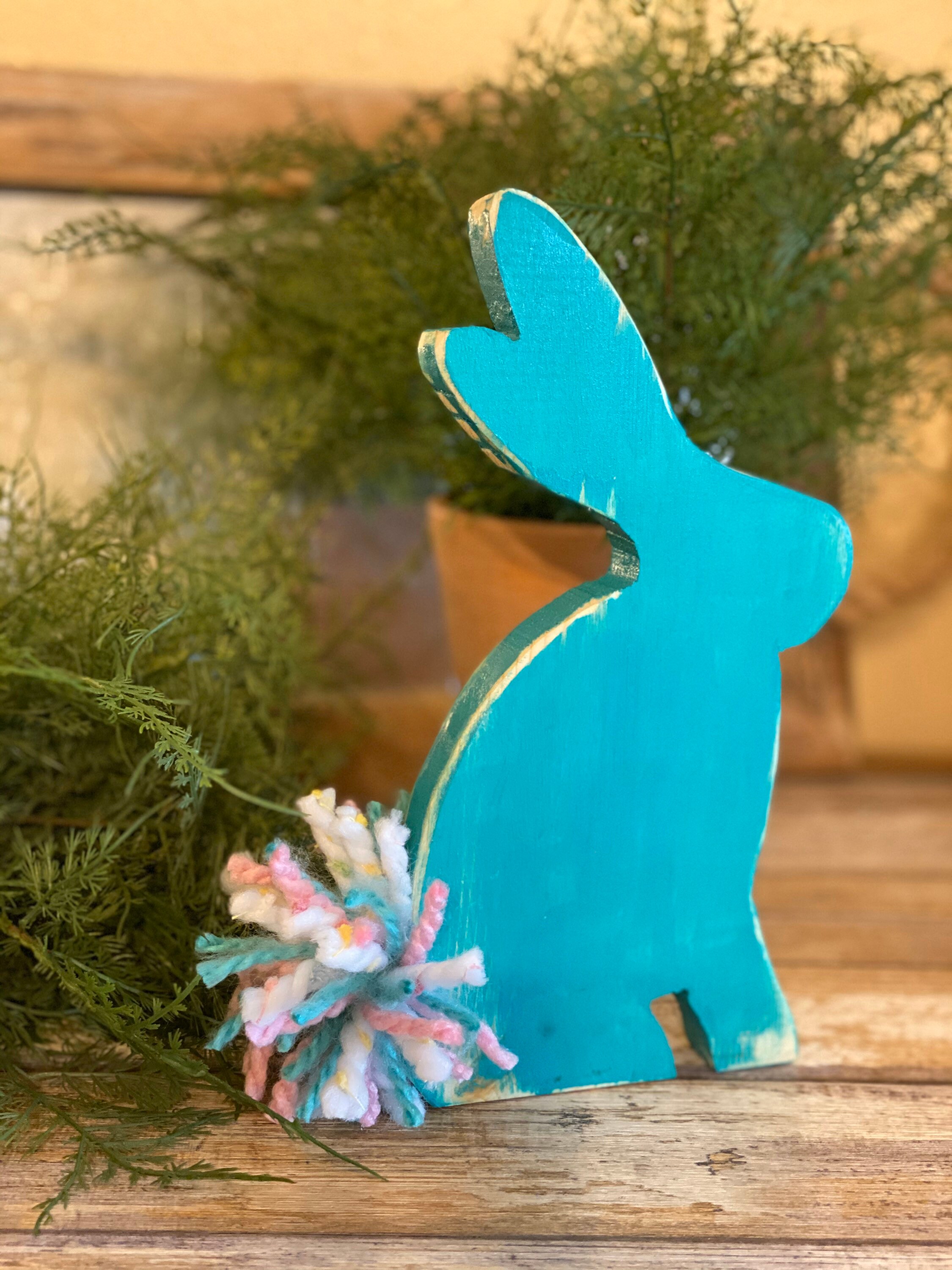 Wooden Rabbit Easter Bunny Distressed Bunny Pom Pom Tail | Etsy