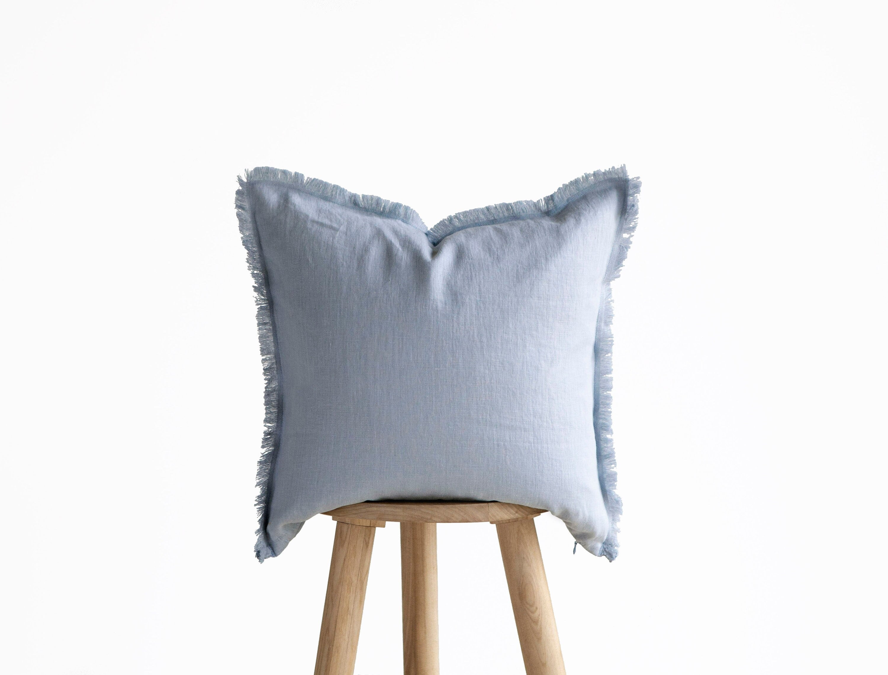 Blue Fringe PILLOW COVER, Blue Linen Pillowcase, Raw Edge Cushion Cover ...
