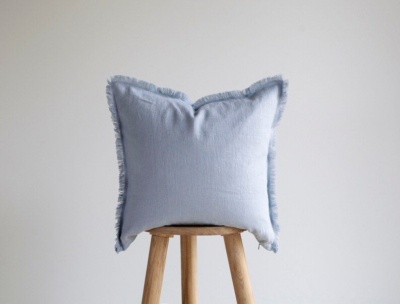 Blue Fringe PILLOW COVER Blue Linen Pillowcase Raw Edge | Etsy