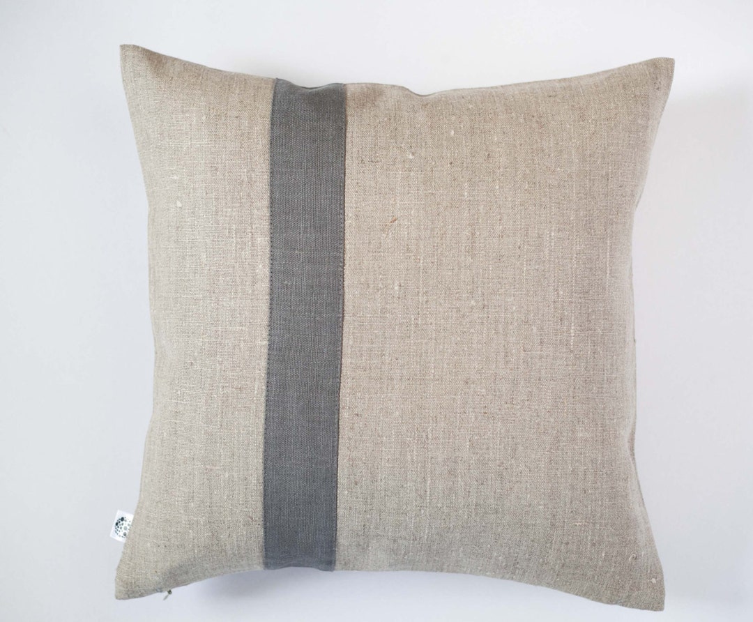 Decorative Color Block Pillow Cover, Gray Line Linen Pillow, Square ...