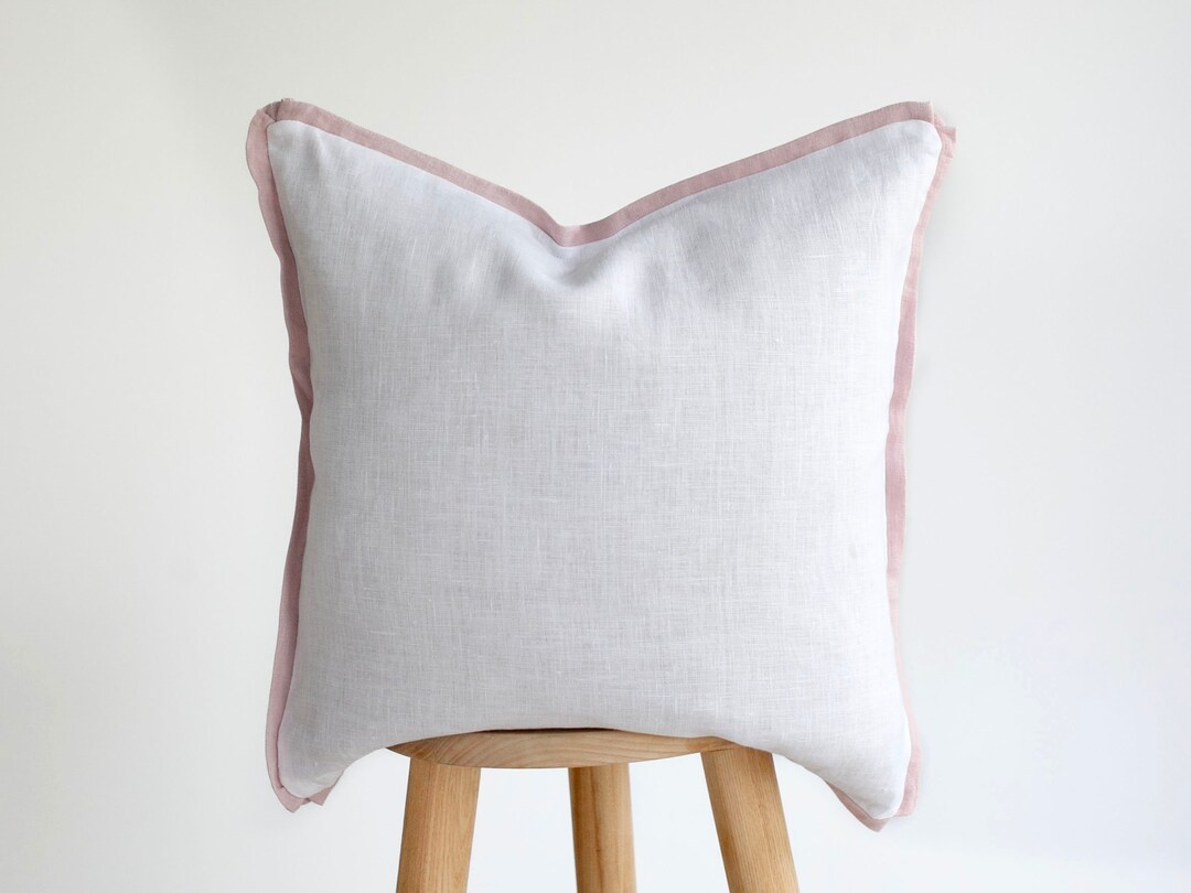 White Linen Pillow Cover With Pink Flange Edging - Elegant and Soft ...