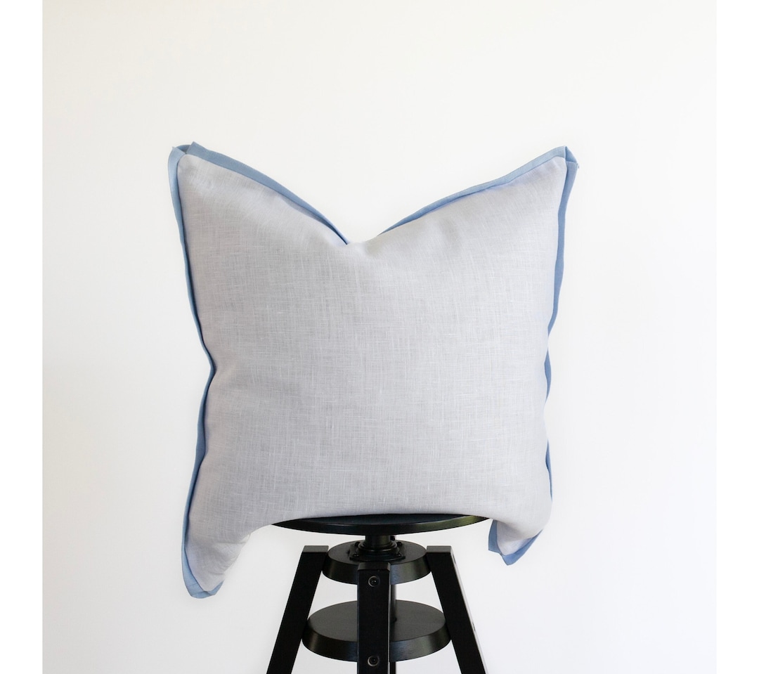 White Linen Pillow Cover With Blue Flange Edging - Elegant and Soft ...