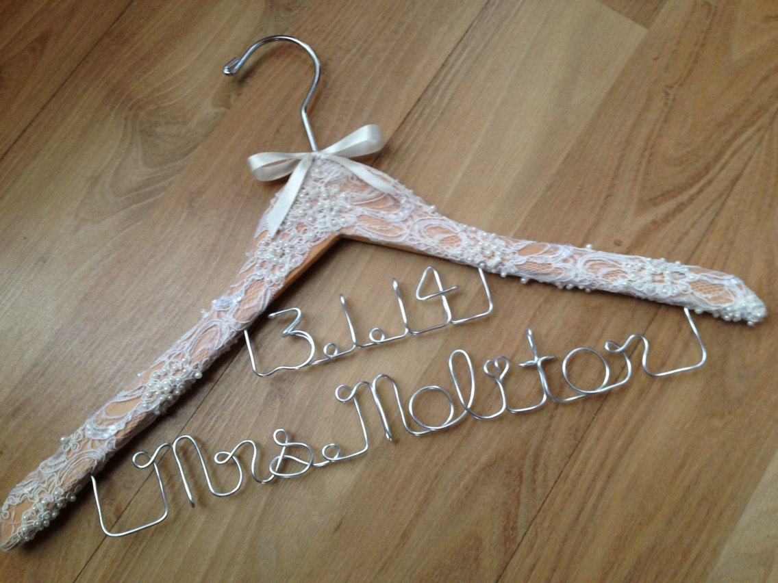 French Lace Wedding Hanger With Wire Name & Date – Bridal Dress Hanger ...