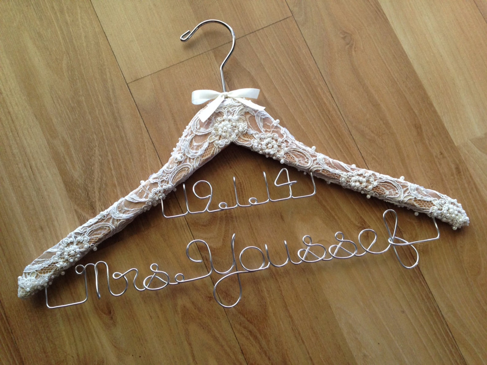 French Lace Wedding Hanger With Wire Name & Date – Bridal Dress Hanger ...