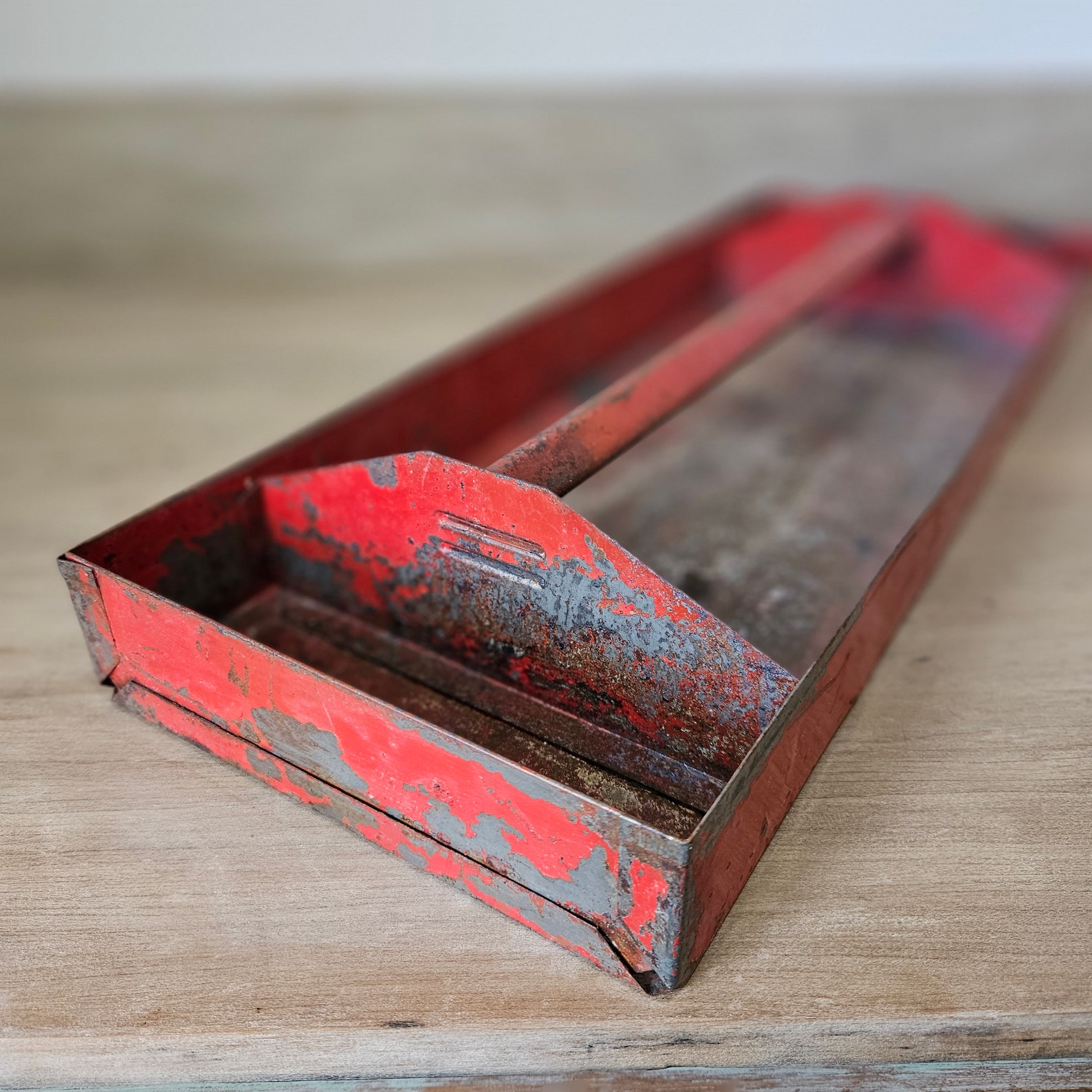 Vintage Industrial Metal Tool Box Tray With Handle, Red Weathered Metal ...