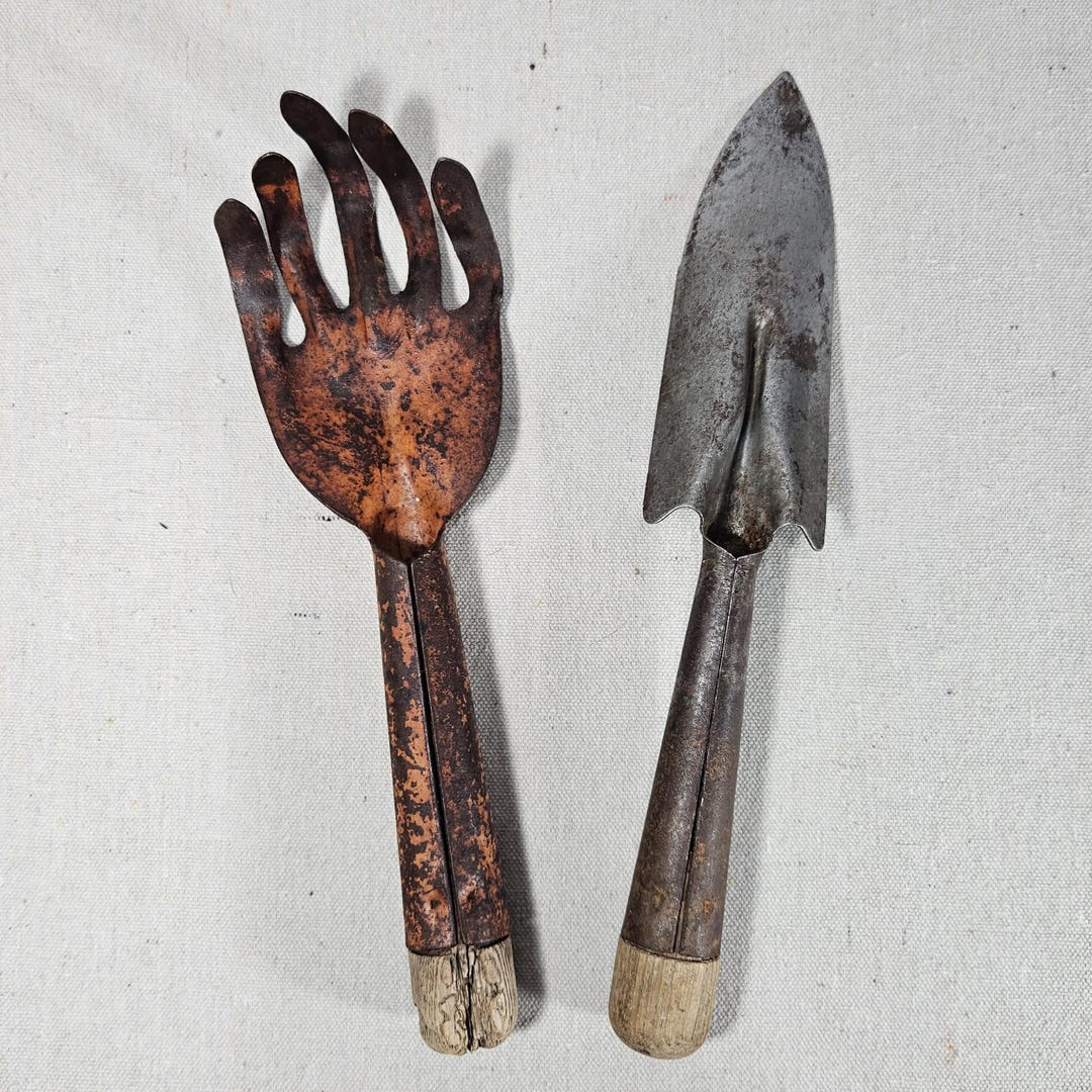 Vintage Garden Hand Tool Pair Hand Rake Hand Spade Wood Handles Garden ...