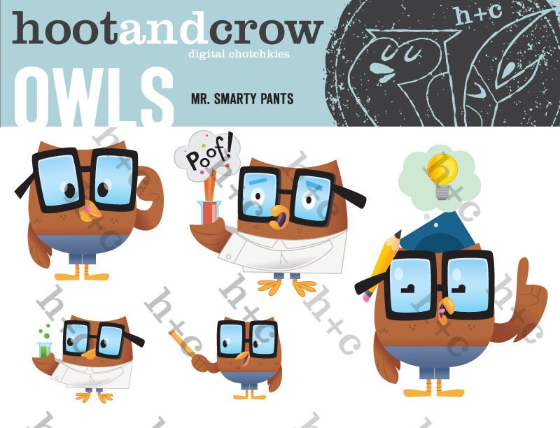 Owl Clip Art - Mr. Smarty Pants Digital Clip Art Set. Funny Owl ...