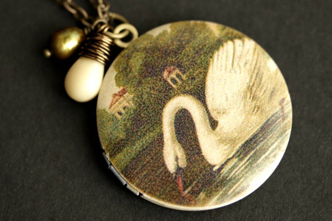 White Swan Locket Necklace. Swan Necklace With Beige Teardrop and Fresh ...