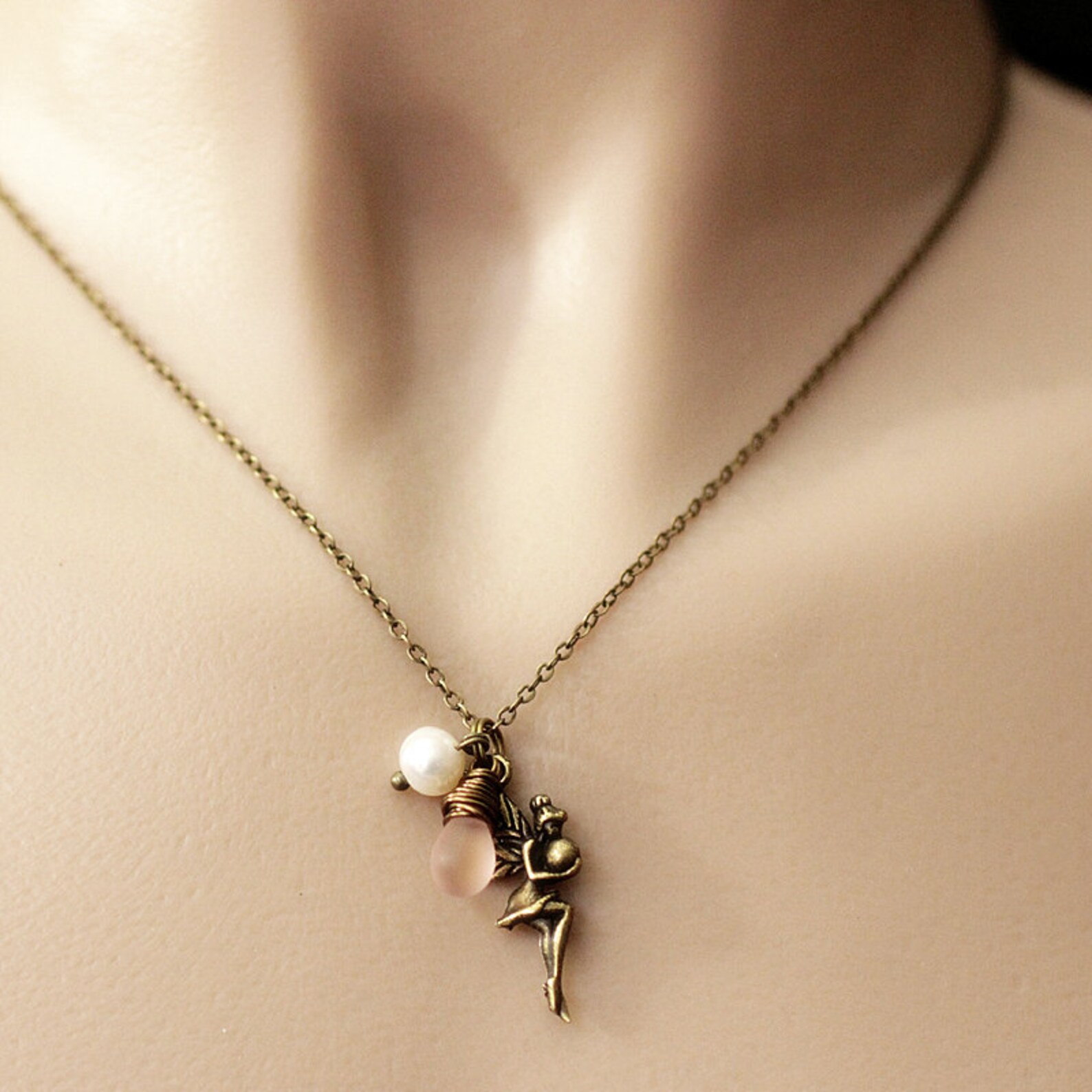 Fairy Necklace. Bronze Faery Necklace With Frosted Pink Teardrop and ...