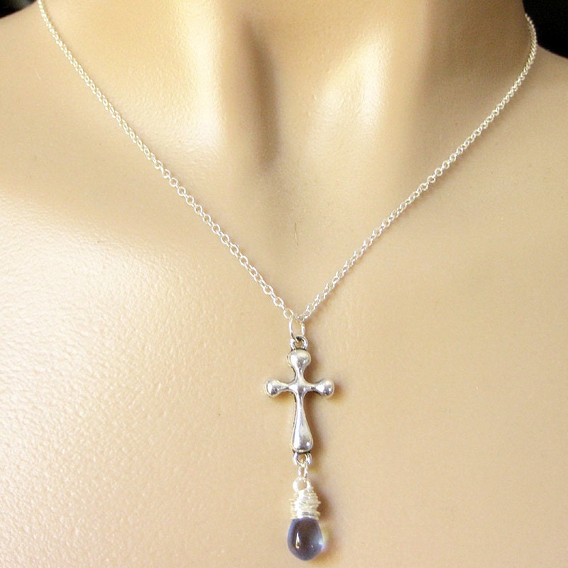 Blue Necklace. Silver Cross Necklace. Christian Jewelry. Teardrop ...
