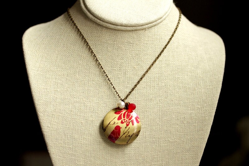 Bird Locket Necklace. Red Bird Necklace with Glass Teardrop | Etsy