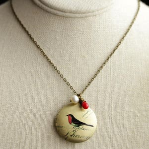 Red Robin Locket Necklace. Photo Locket. Bird Necklace With Red Coral ...