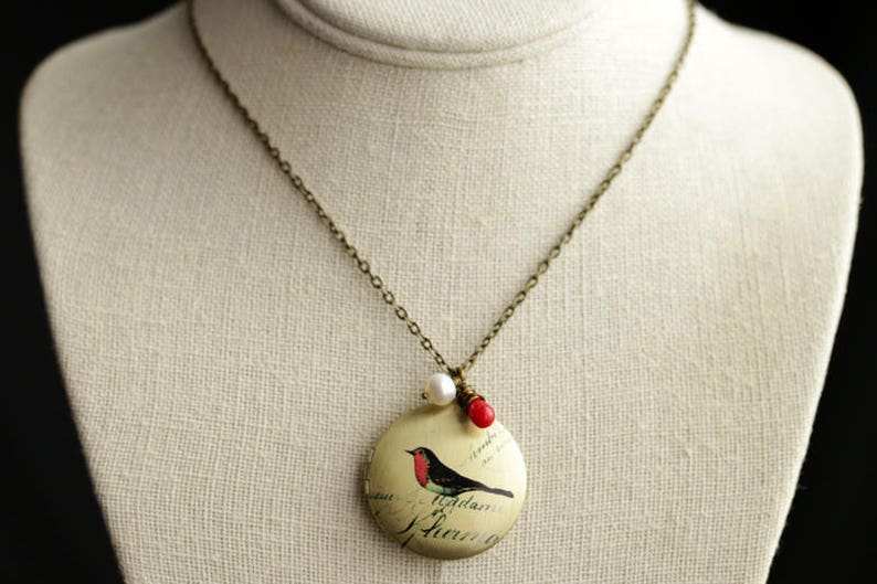 Red Robin Locket Necklace. Photo Locket. Bird Necklace With Red Coral ...