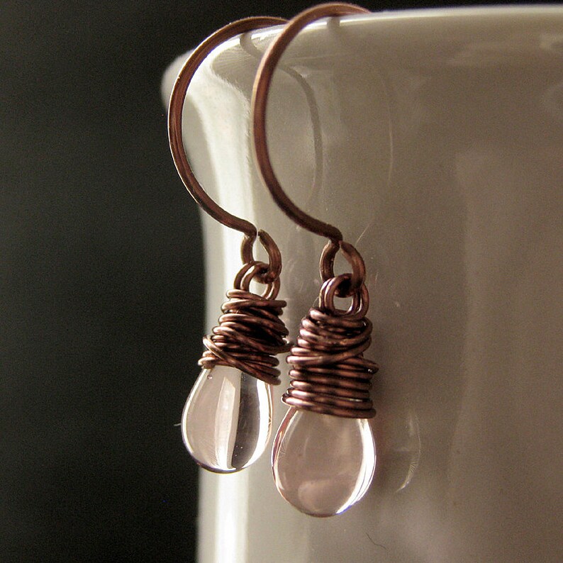 COPPER Earrings Pink Earrings in Copper Wire Wrapped - Etsy